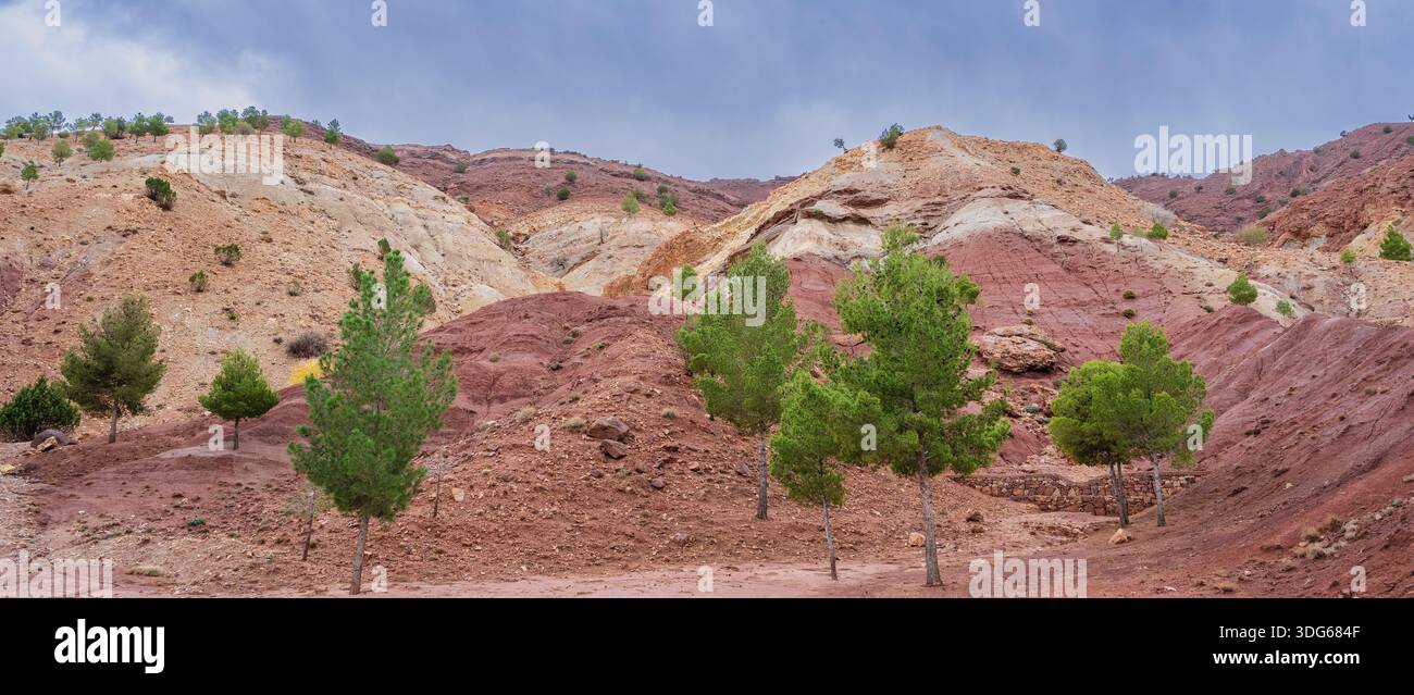 Arid rocky landscape with green trees against a blue sky, showing red ...