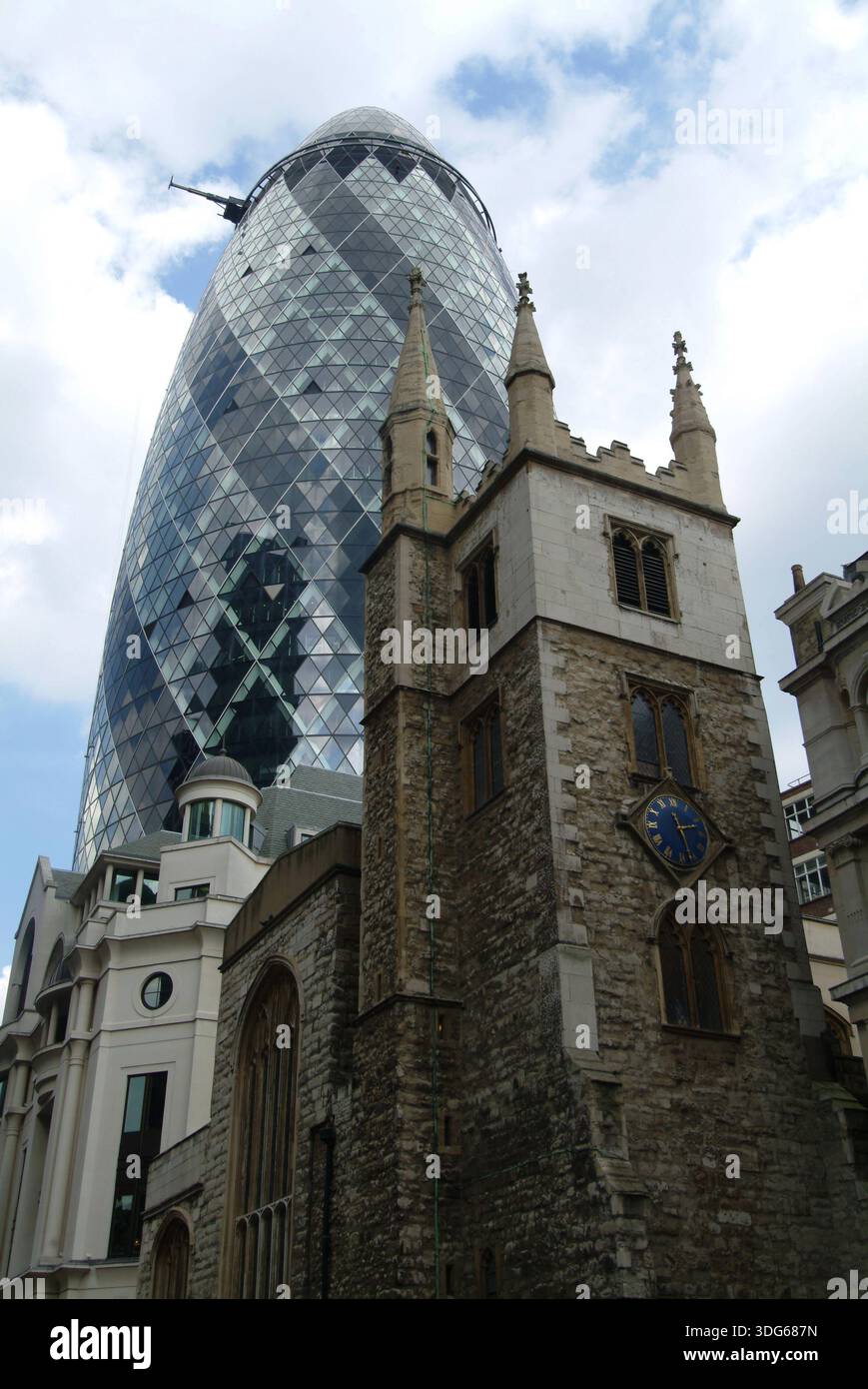 Gherkin and church frontage seen from street. - City of London, United ...