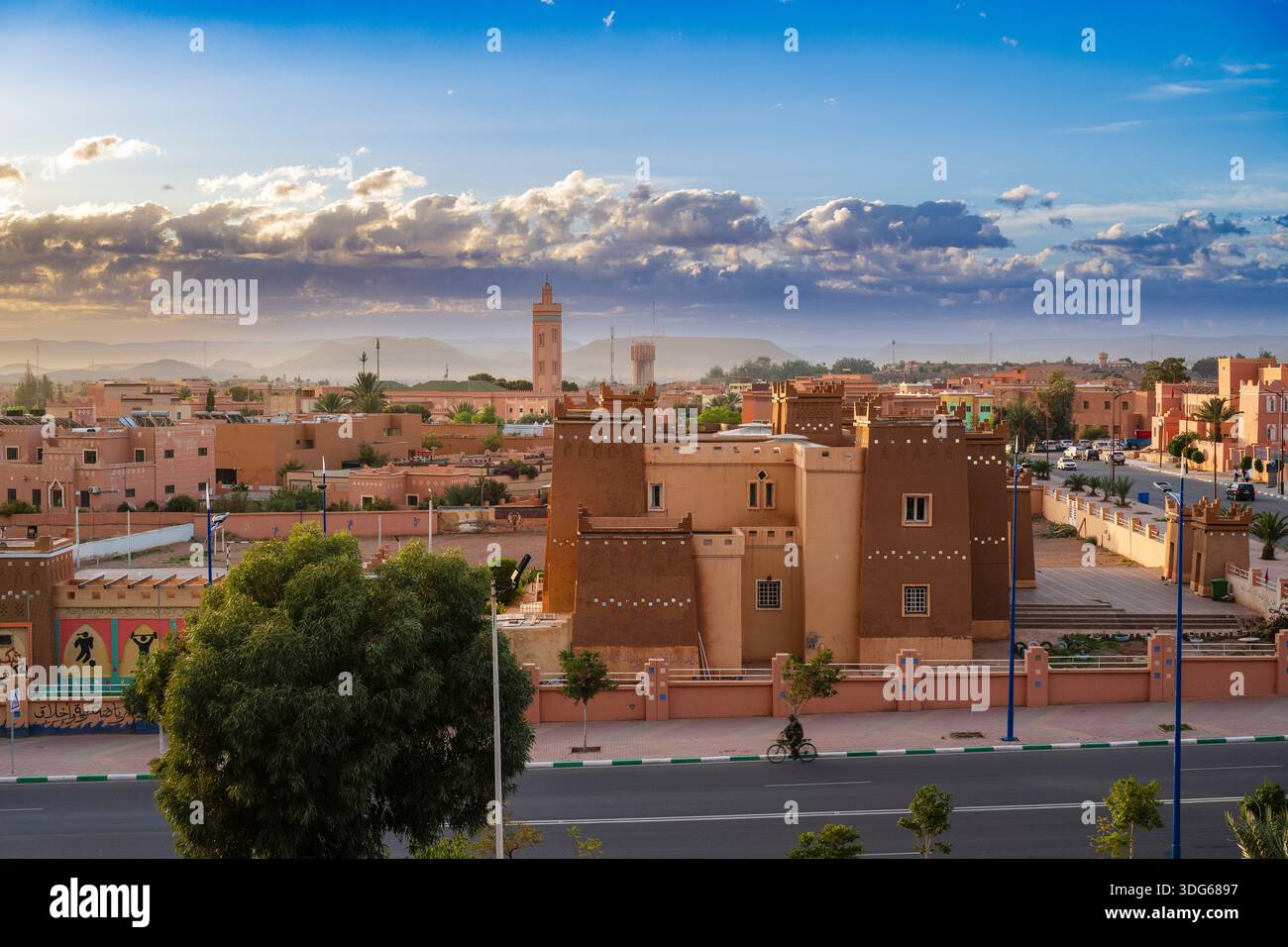 Scenic view of a Moroccan city with traditional architecture and a tall ...