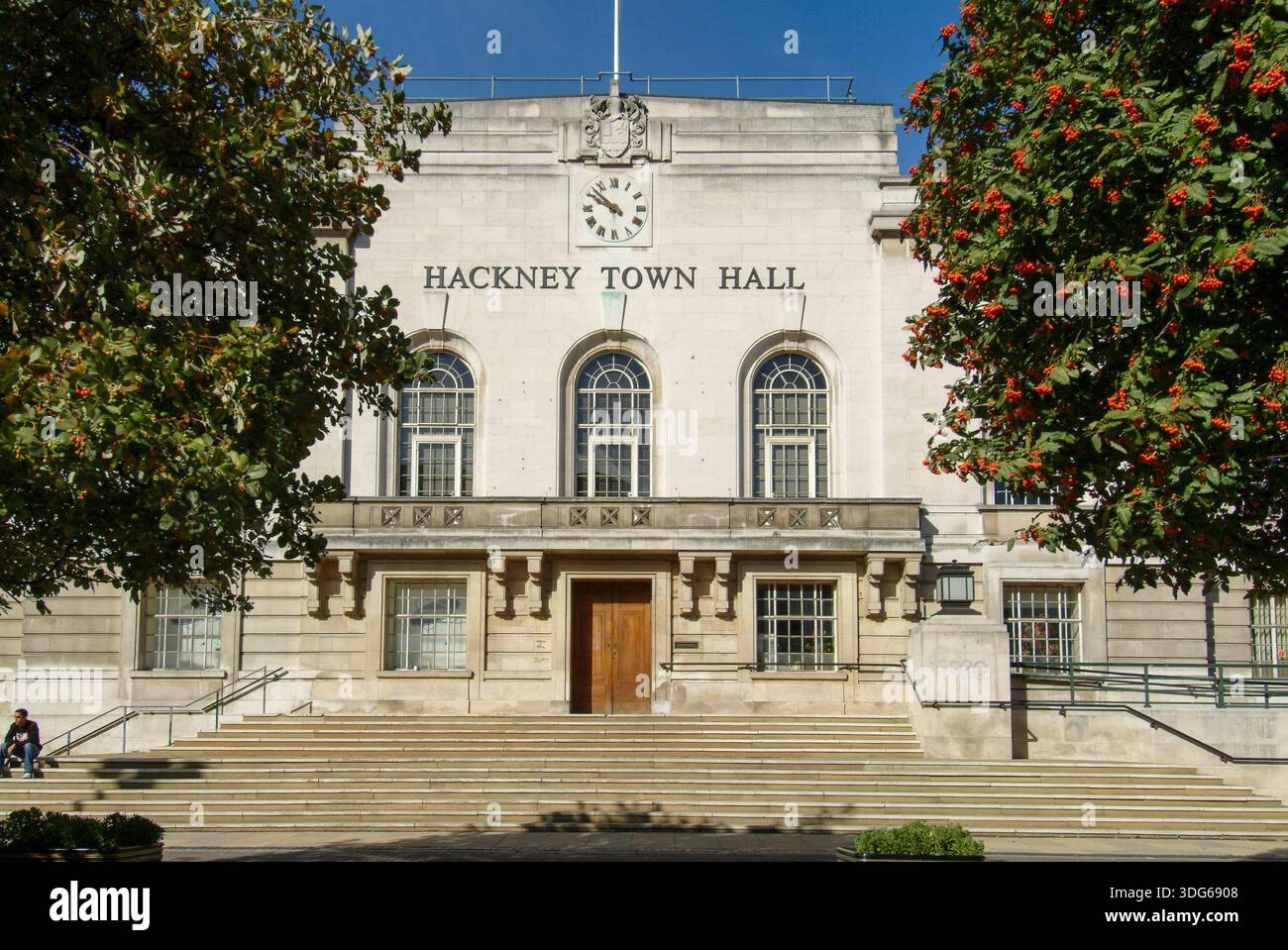 Architectural façade of Hackney Town Hall showing local governance and ...
