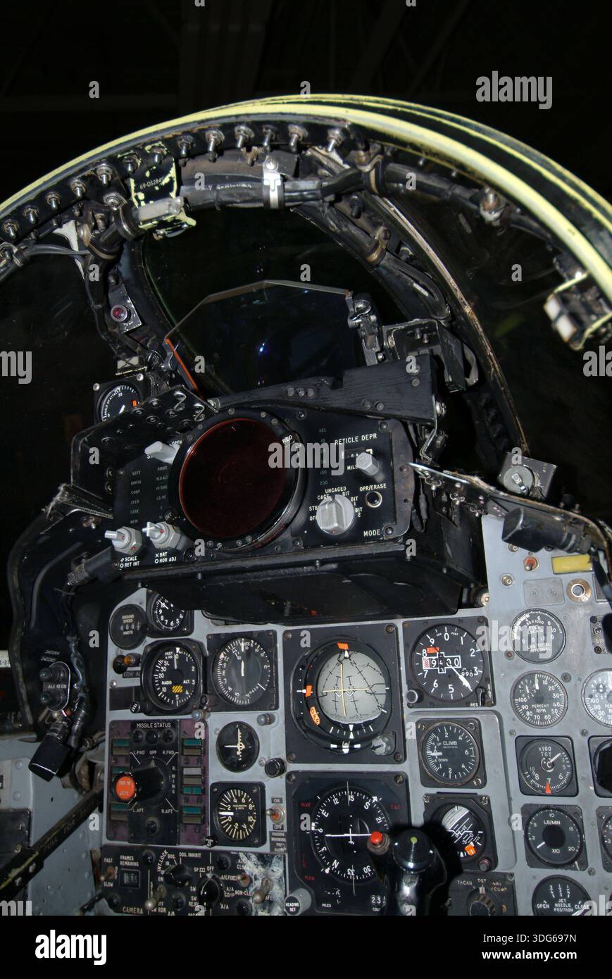Panel of jet cockpit instruments highlighting an altimeter within an ...