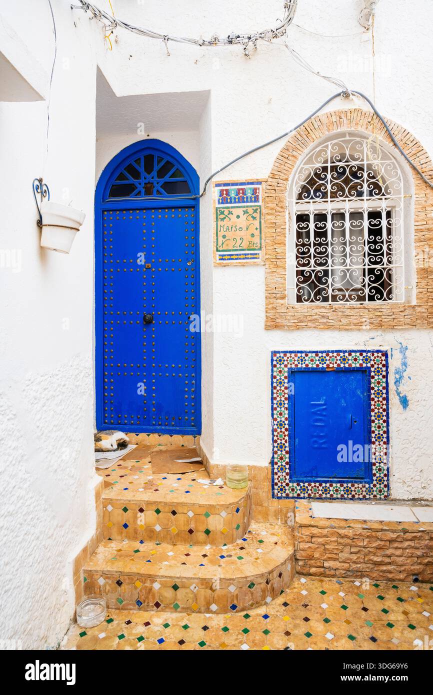 Charming blue door and window on a white wall in a Mediterranean-style ...