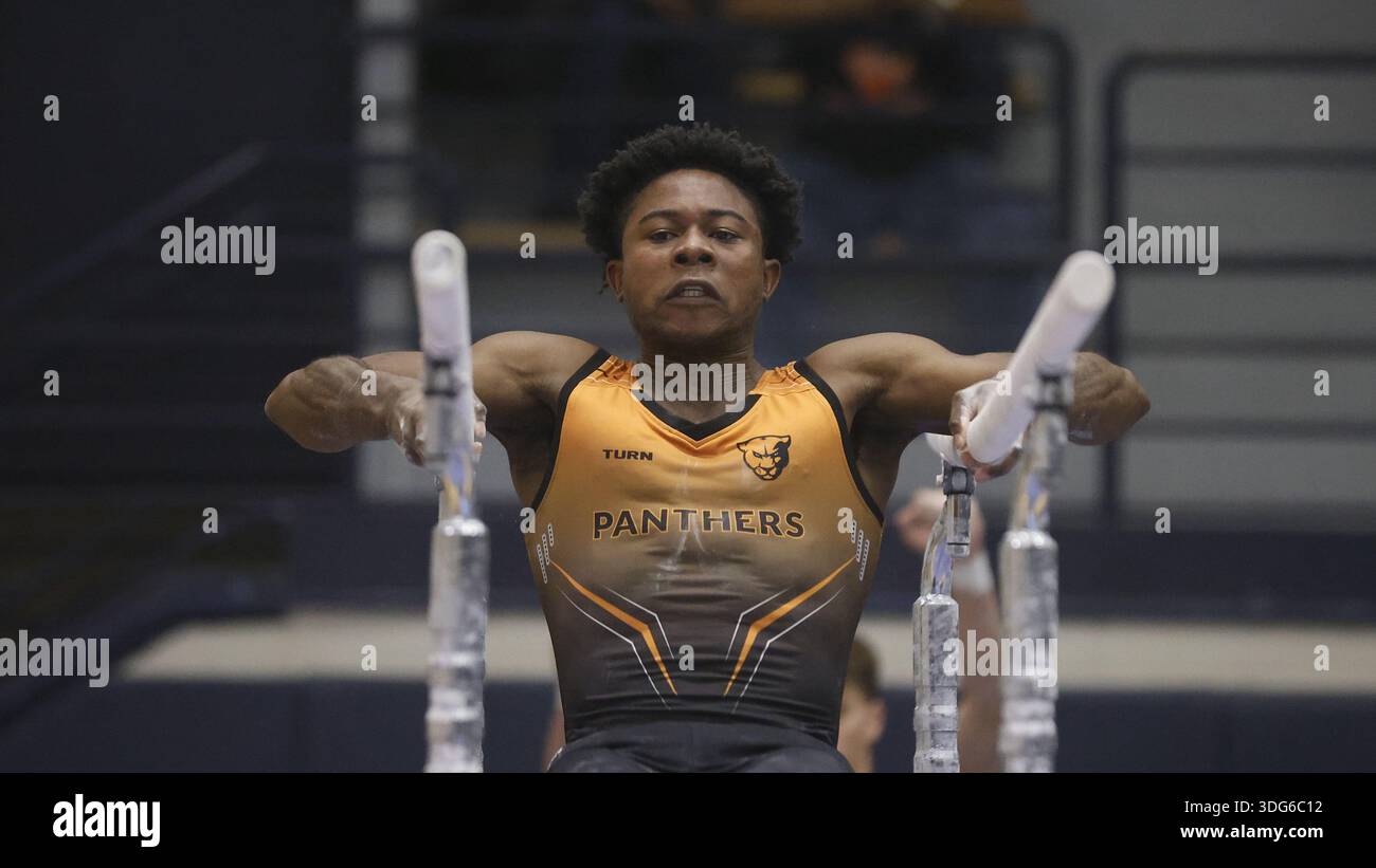 Greenville's Michael Avery competes on the parallel bars during an NCAA ...