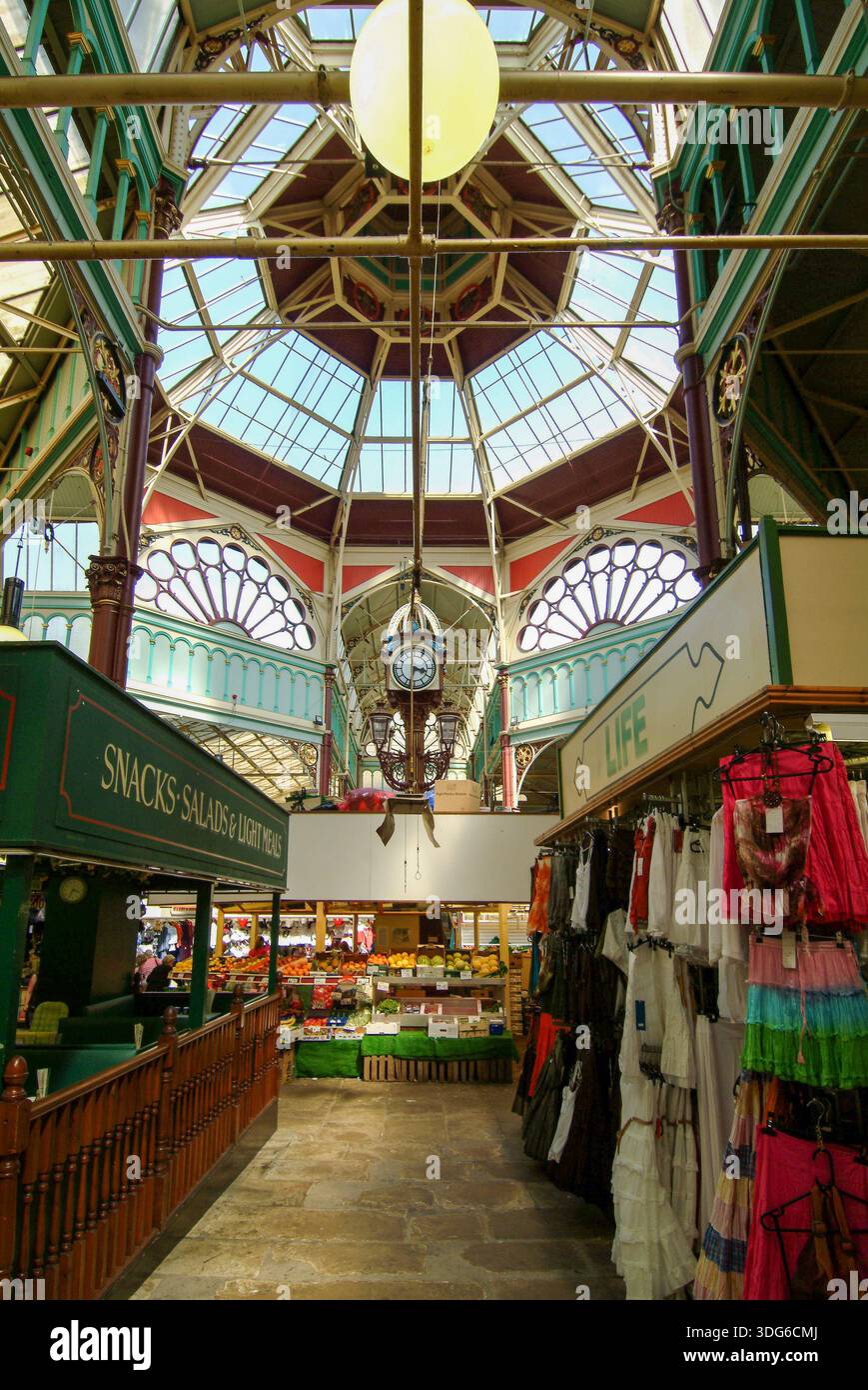 Halifax, Borough Market hall atrium with stalls around the concourse ...