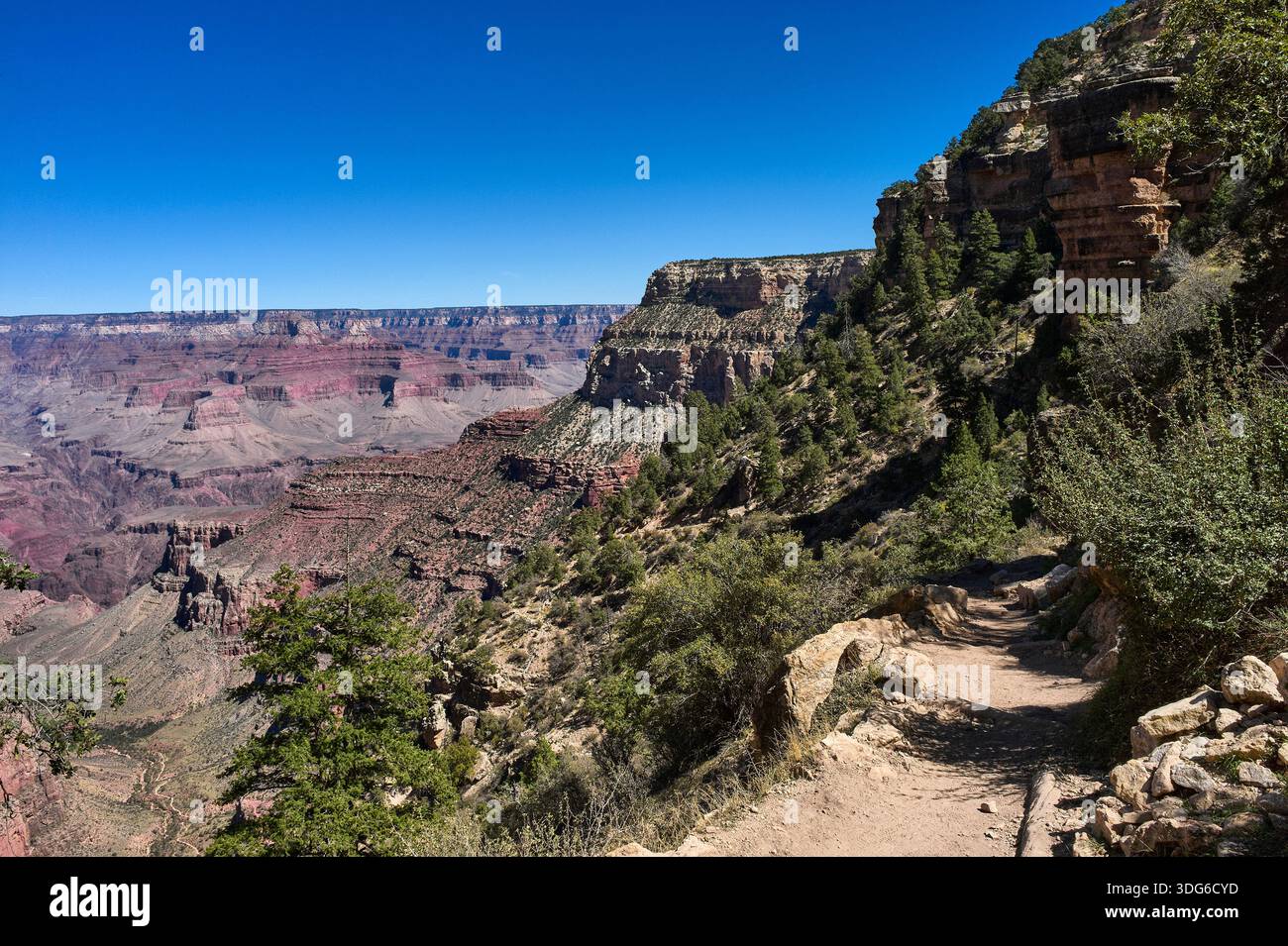 Scenic view of a rocky trail in the Grand Canyon with clear blue skies ...