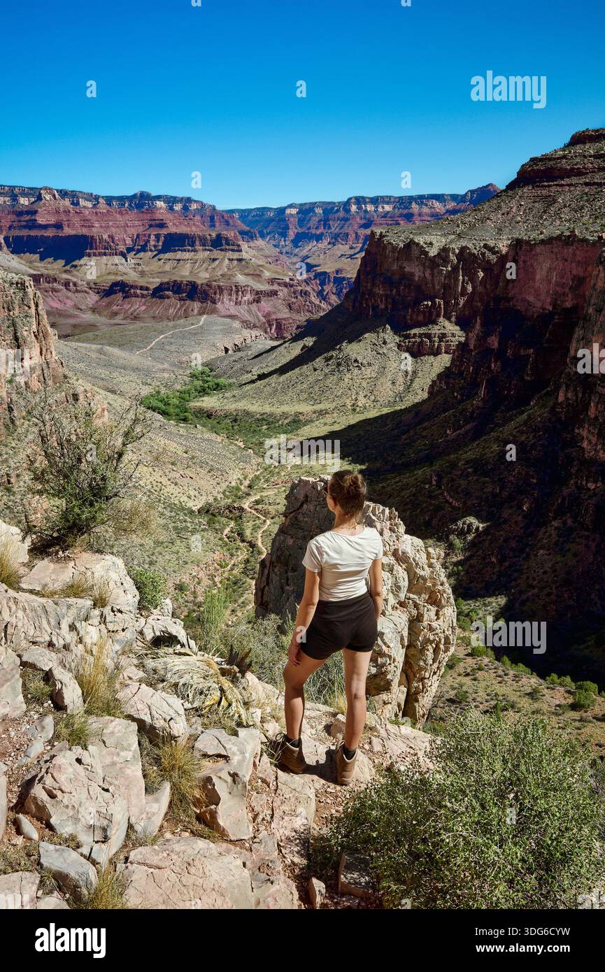 Woman stands on rocky cliff overlooking expansive canyon landscape on a ...