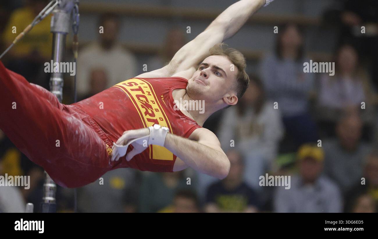 Simpson's Jake Smith competes on the high bar during an NCAA gymnastics ...