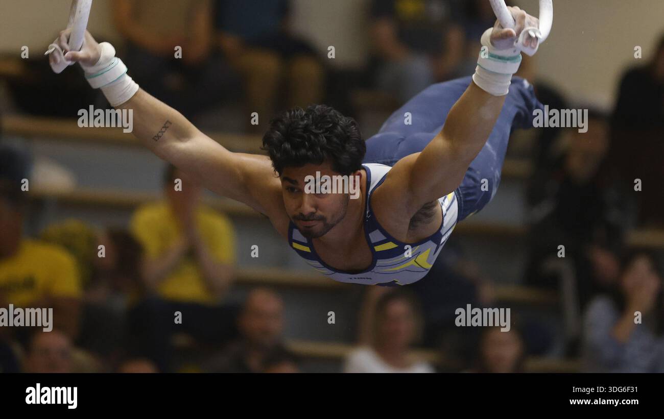 Michigan's Akshay Puri competes on the rings during an NCAA gymnastics ...