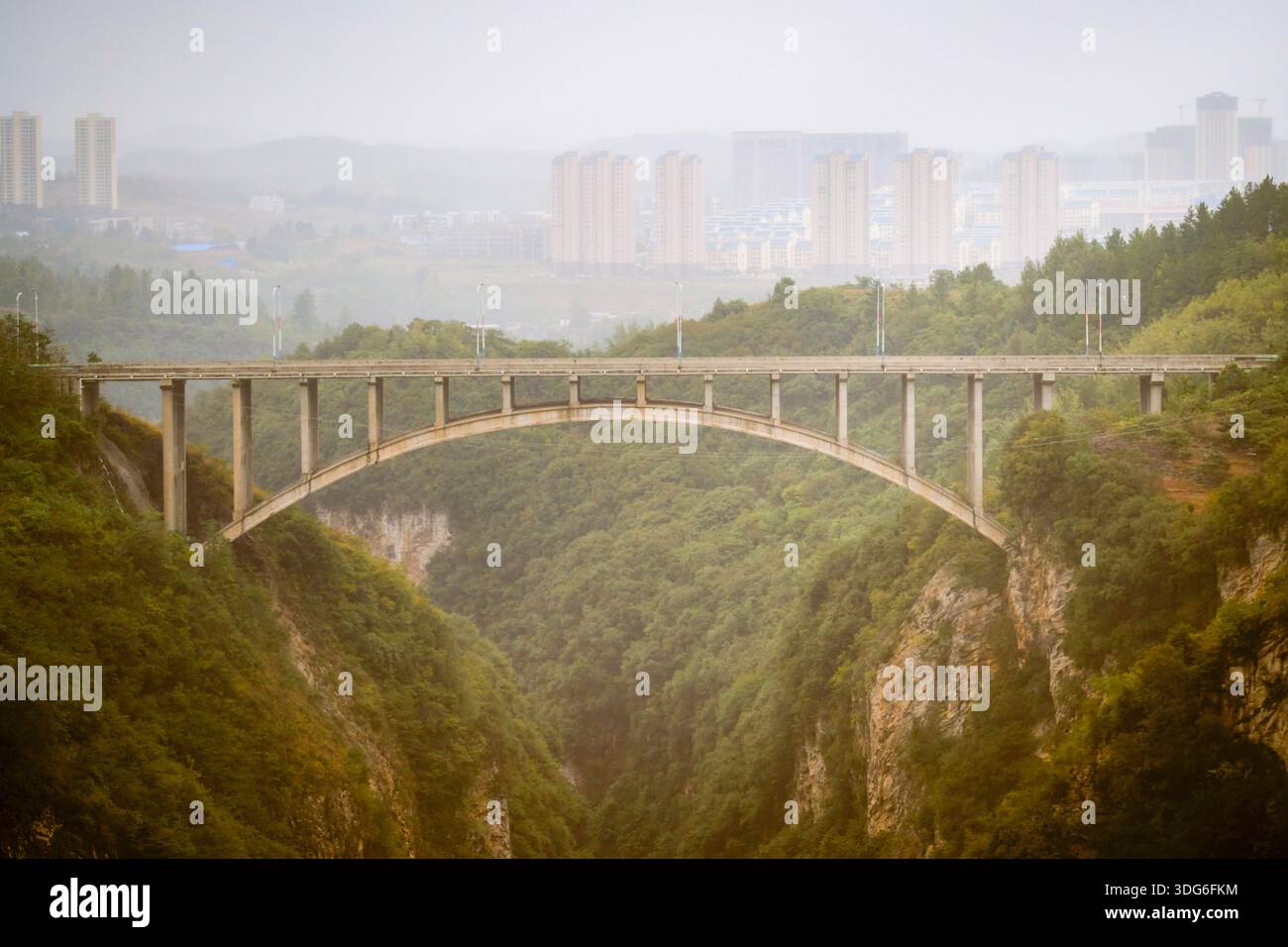 A large arched bridge spans across a lush green valley with a cityscape ...