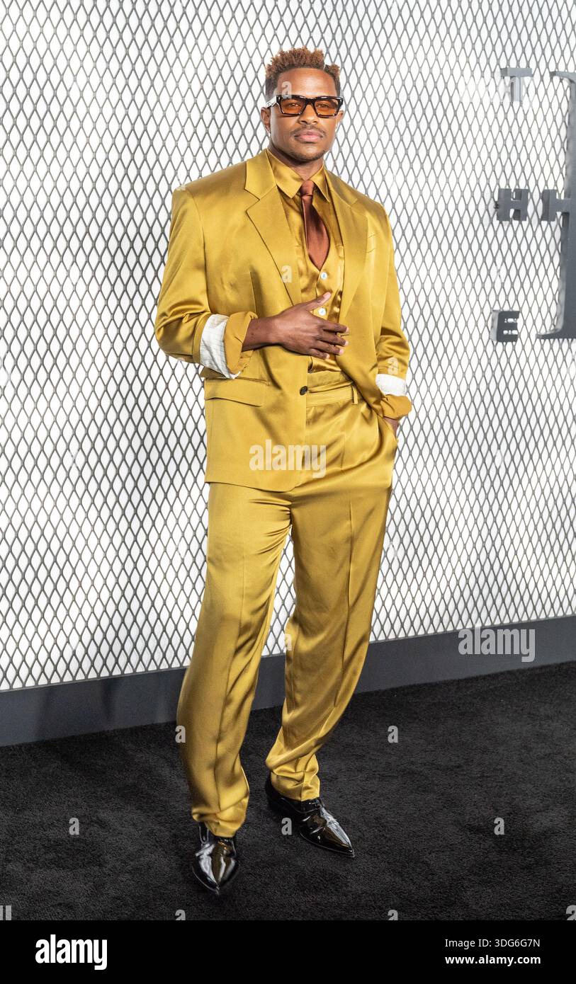 Jeremy Pope wearing suit by Yves Saint Laurent attends premiere of FX's ...