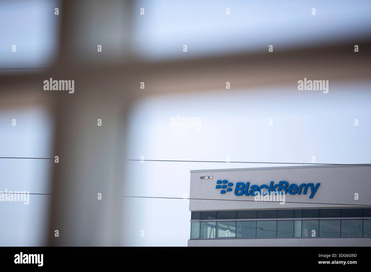 The BlackBerry logo located in the front of the company's C building in ...