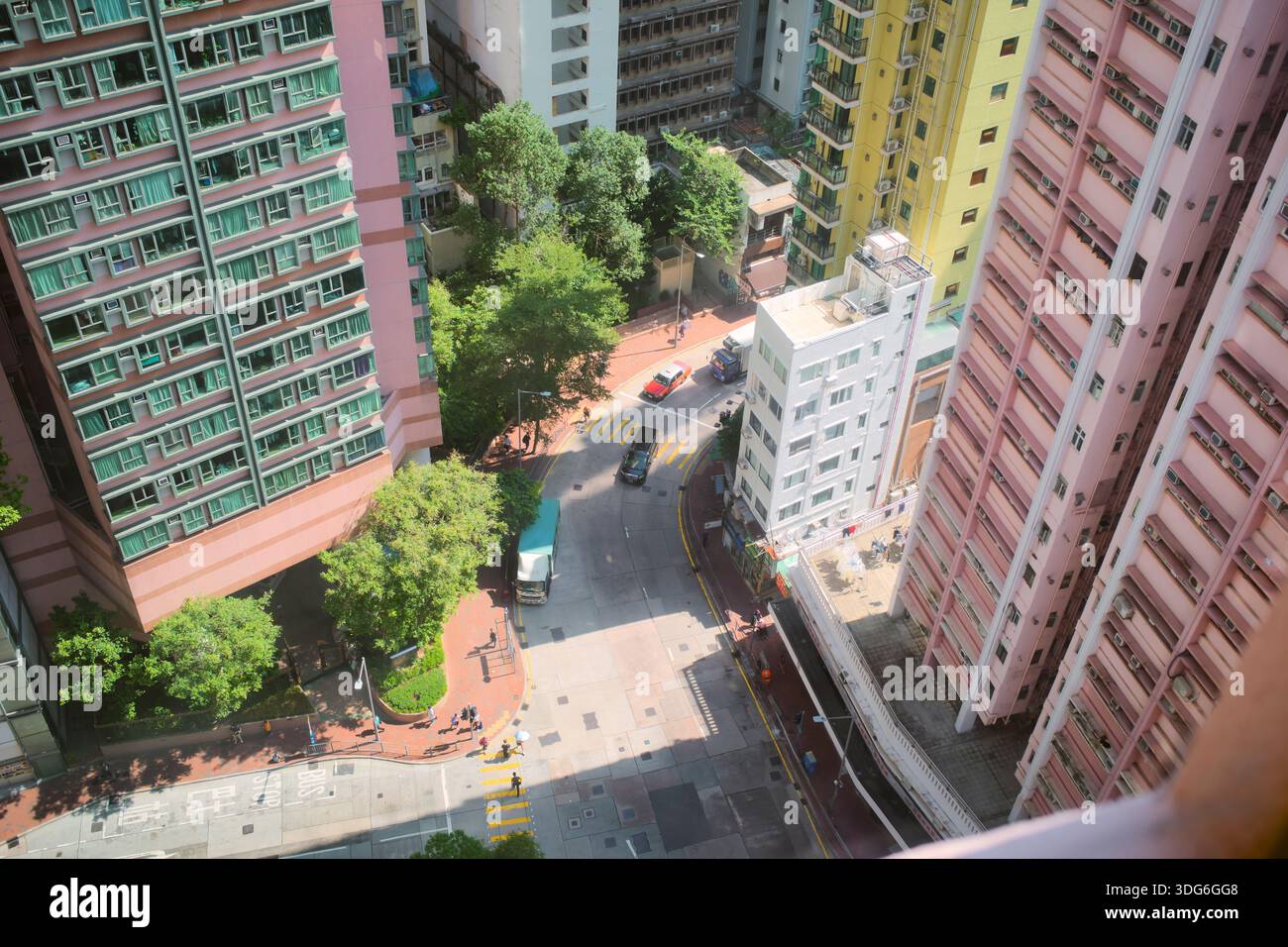 Aerial view of a vibrant cityscape with tall colorful buildings and ...
