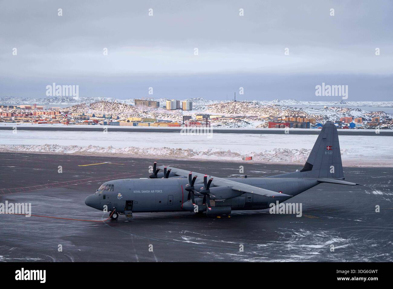 A Royal Danish Air Force military plane is seen at the airport of Nuuk ...