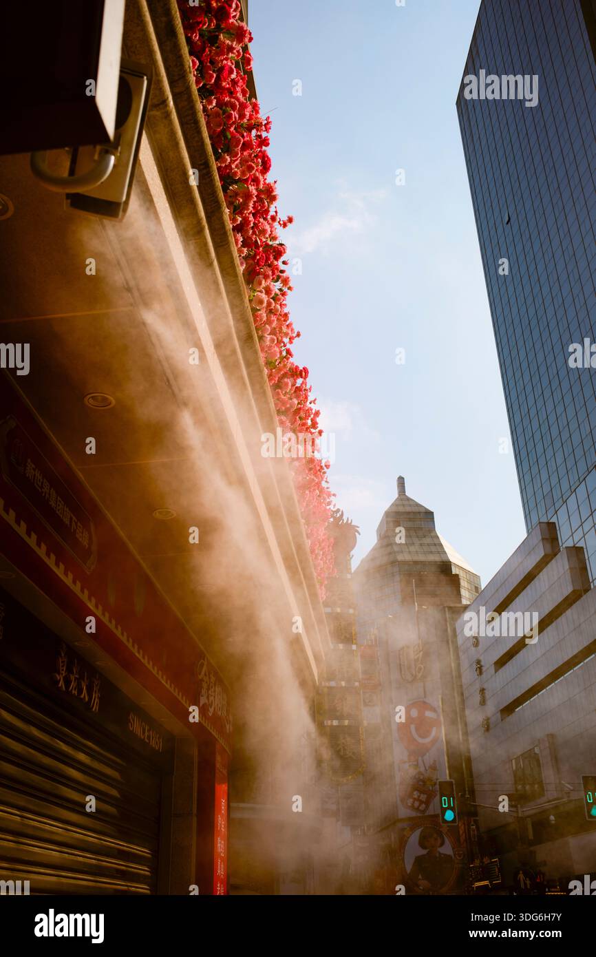 Urban street view with mist, red flowers, and modern buildings under a ...