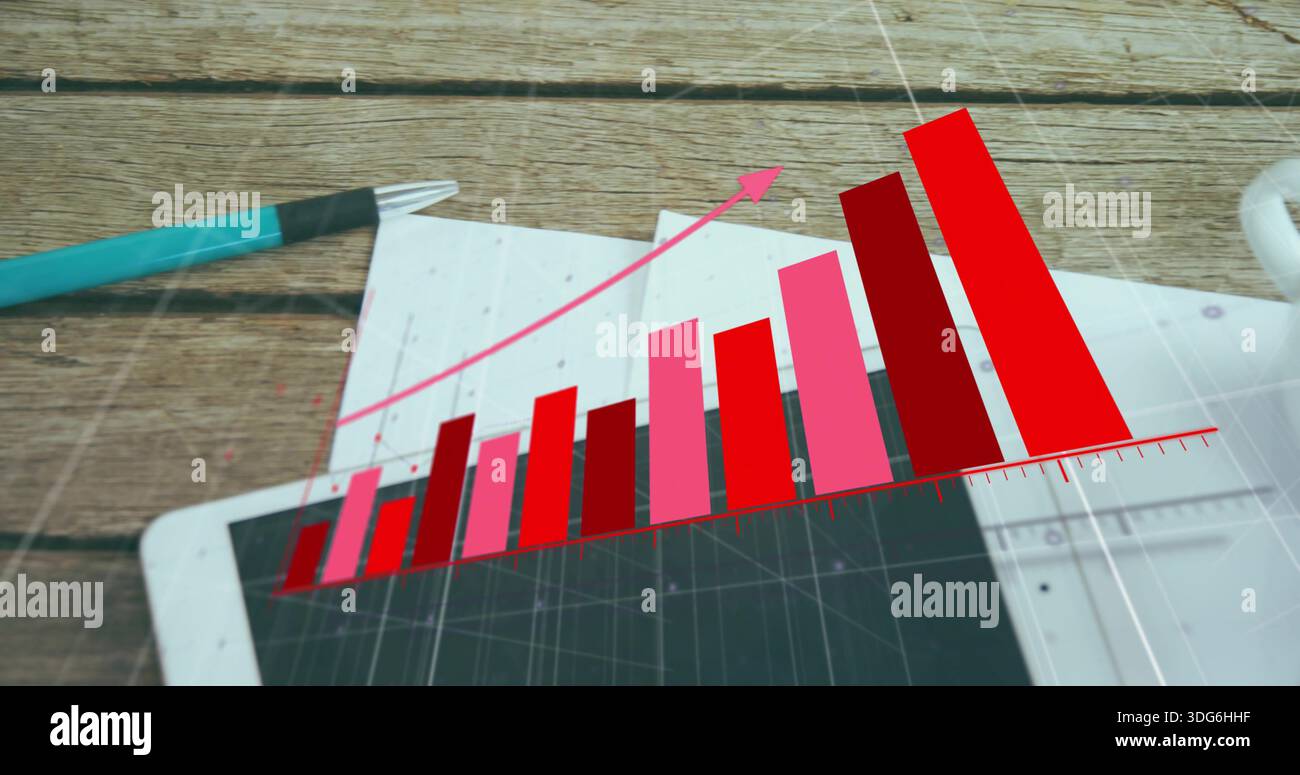 Displaying translucent 3D chart overlay on wooden desk, showing tablet ...