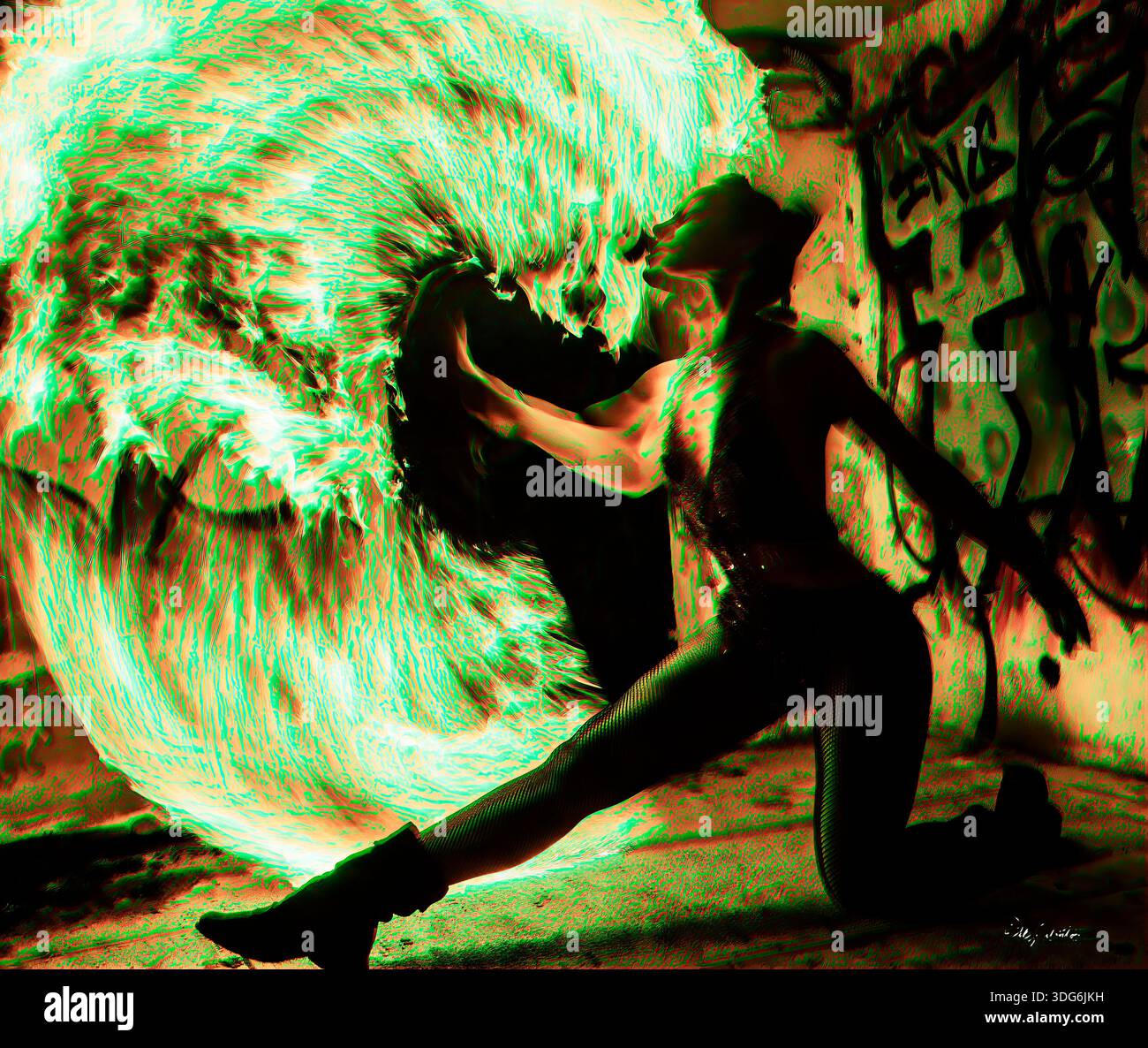 Dancer in dynamic pose with swirling light effects in an urban graffiti ...