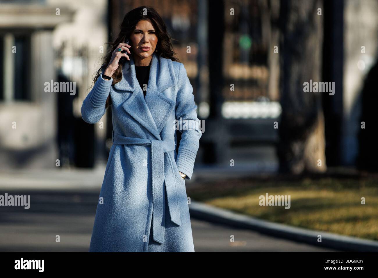 U.S. Homeland Security Secretary Kristi Noem gives a television ...