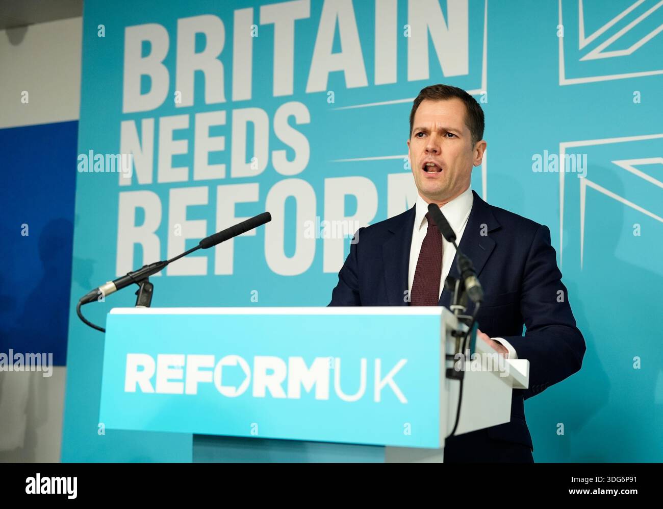 Robert Jenrick speaking at a Reform UK press conference in Westminster ...