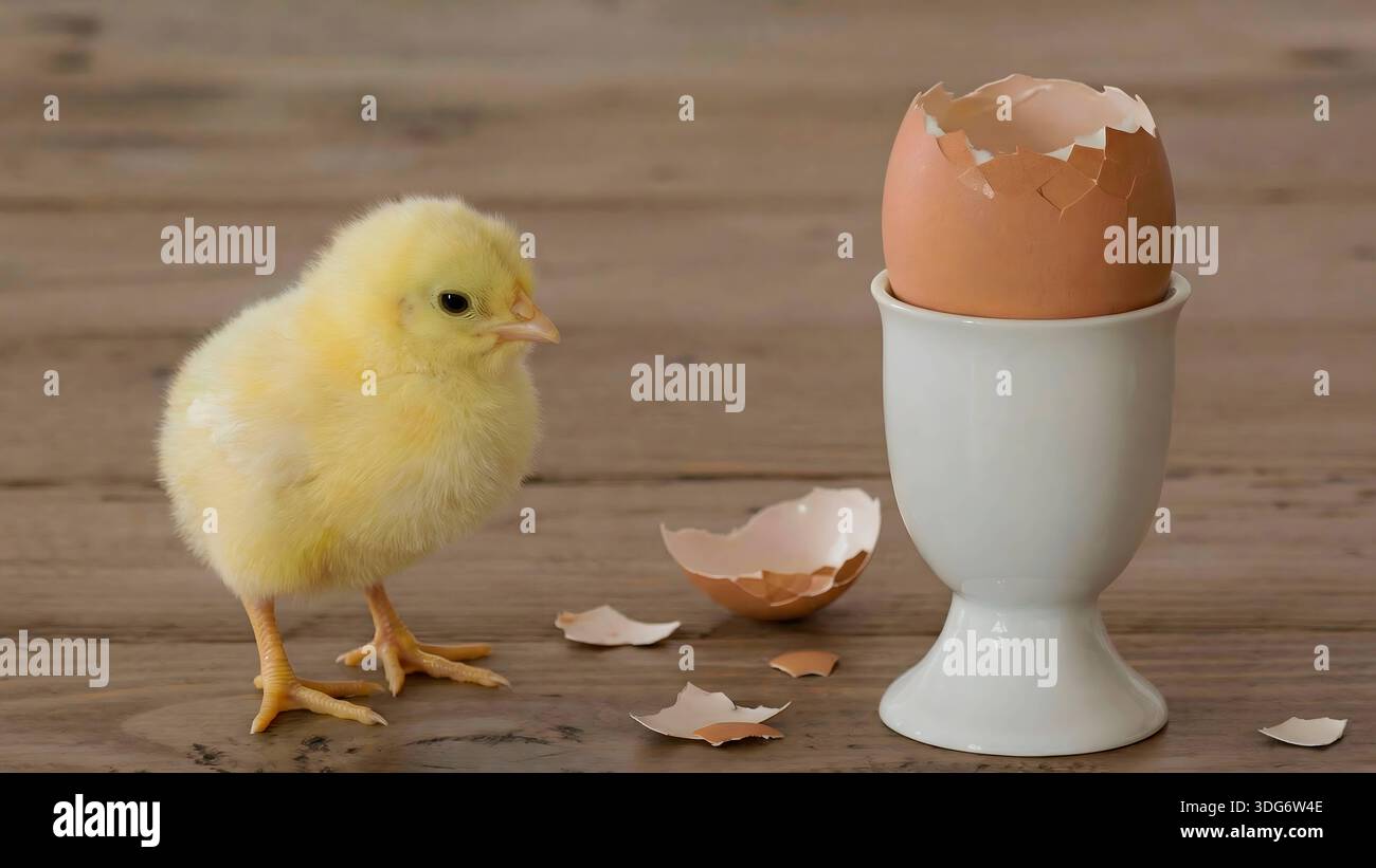 Frisch geschlüpftes Küken steht neben dem Ei Nahaufnahme von ...