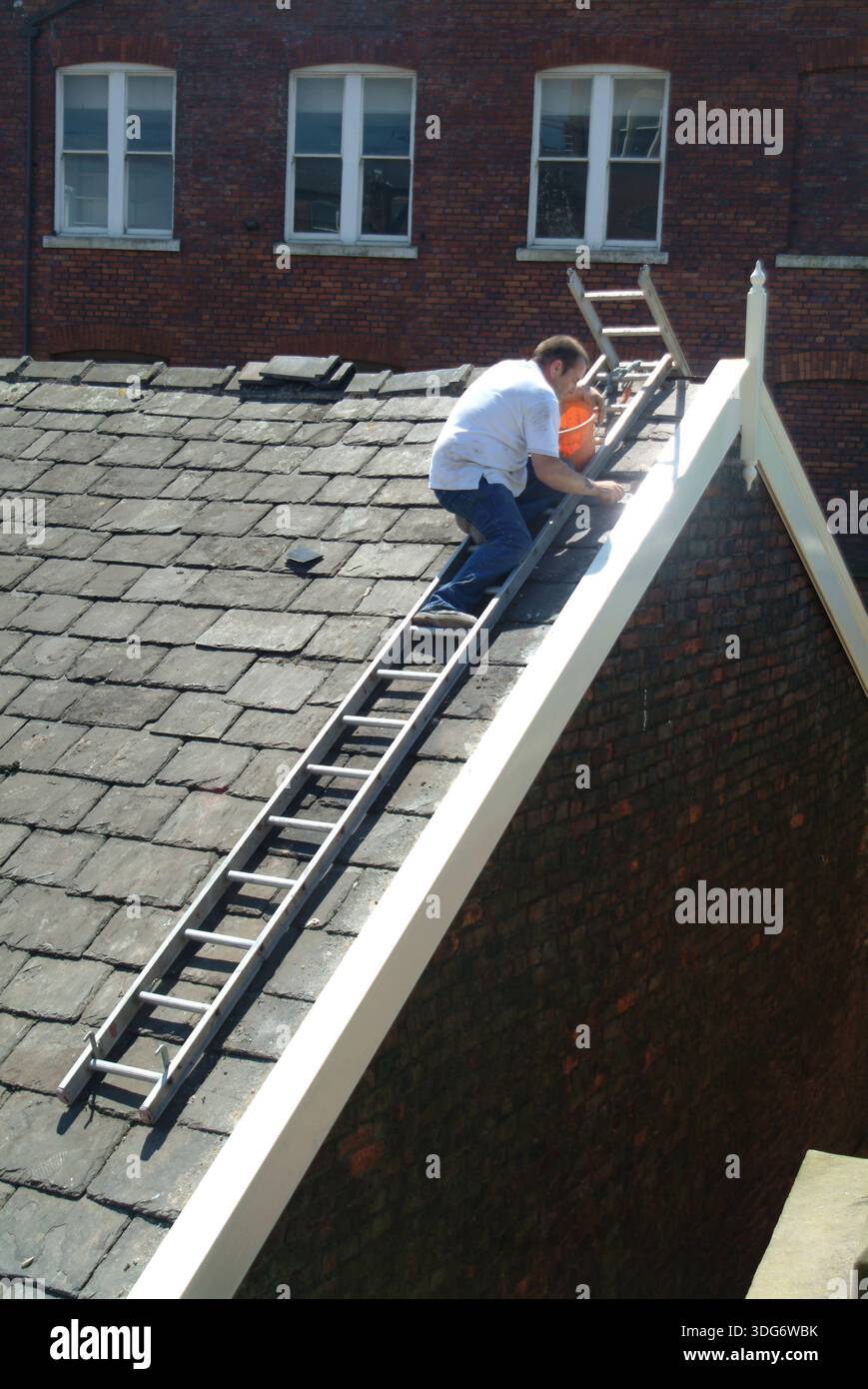 Roofer on roof ladder slating pitch roof. - Studio, United Kingdom ...