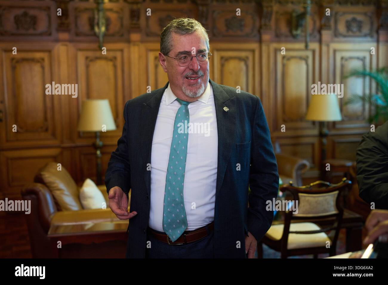 Guatemalan President Bernardo Arévalo gives an interview at his office ...