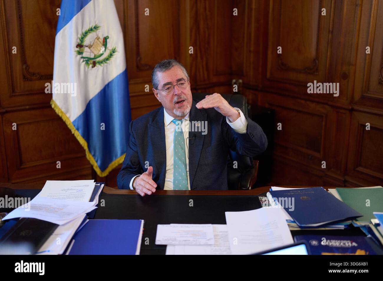 Guatemalan President Bernardo Arévalo gives an interview at his office ...