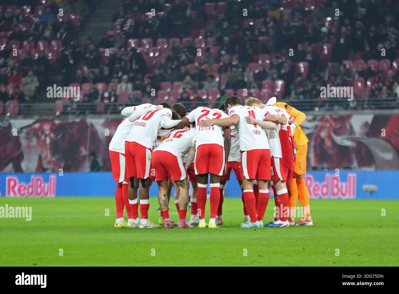 Team circle of RB Leipzig. LEIPZIG, GERMANY - JANUARY 14: Bundesliga ...