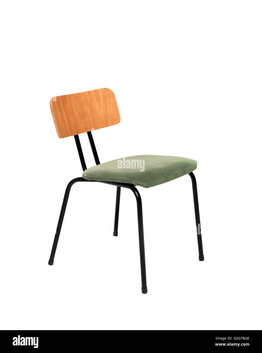 Modern minimalist chair with green upholstered seat, wooden backrest ...