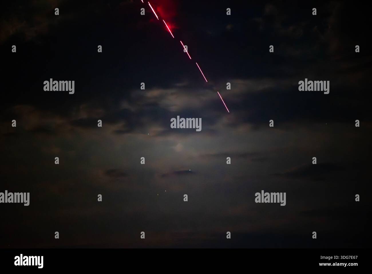 Kyiv, Ukraine – Jul 9, 2025: Bright red tracers from anti-aircraft guns ...