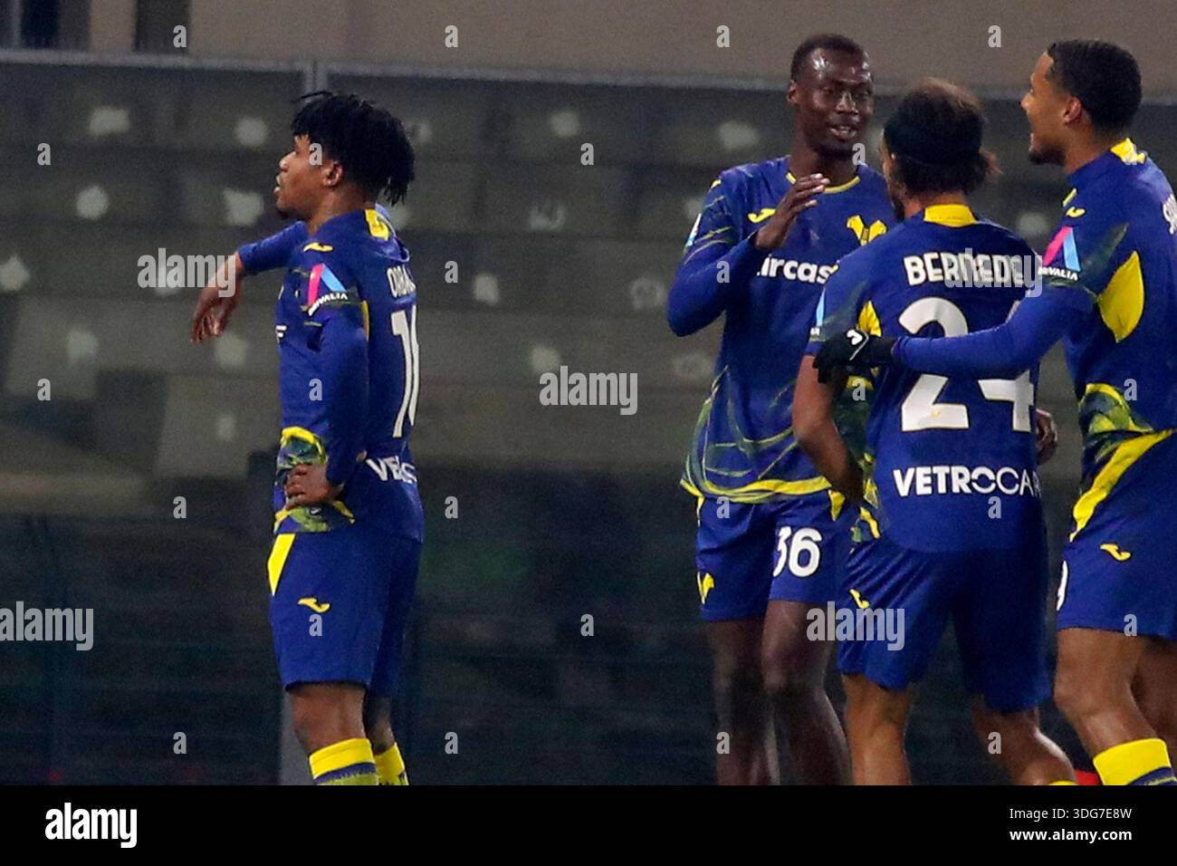 Verona's Gift Orban, left, celebrates scoring during the Serie A soccer ...