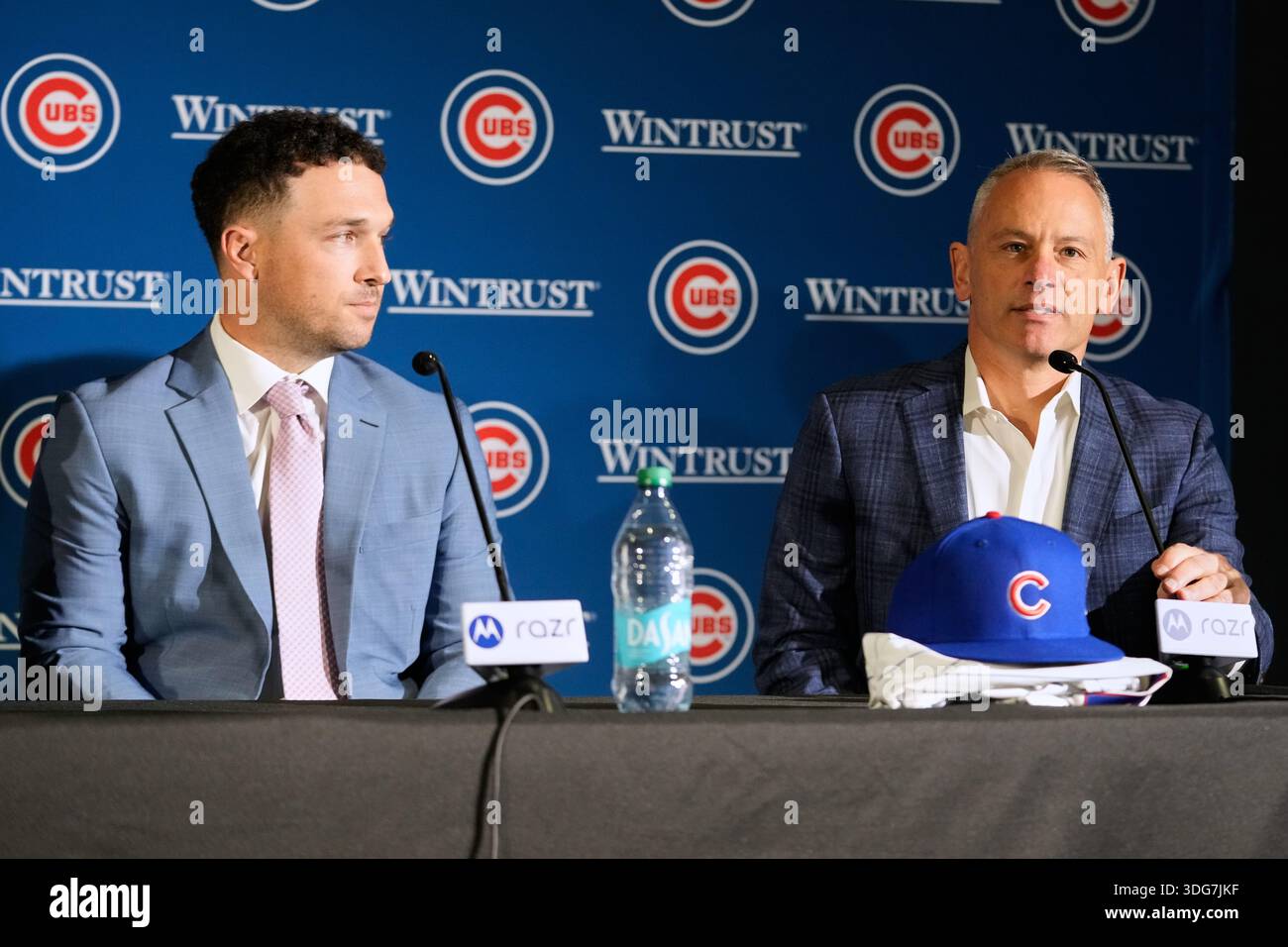 New Chicago Cubs player Alex Bregman, left, listens to Chicago Cubs ...