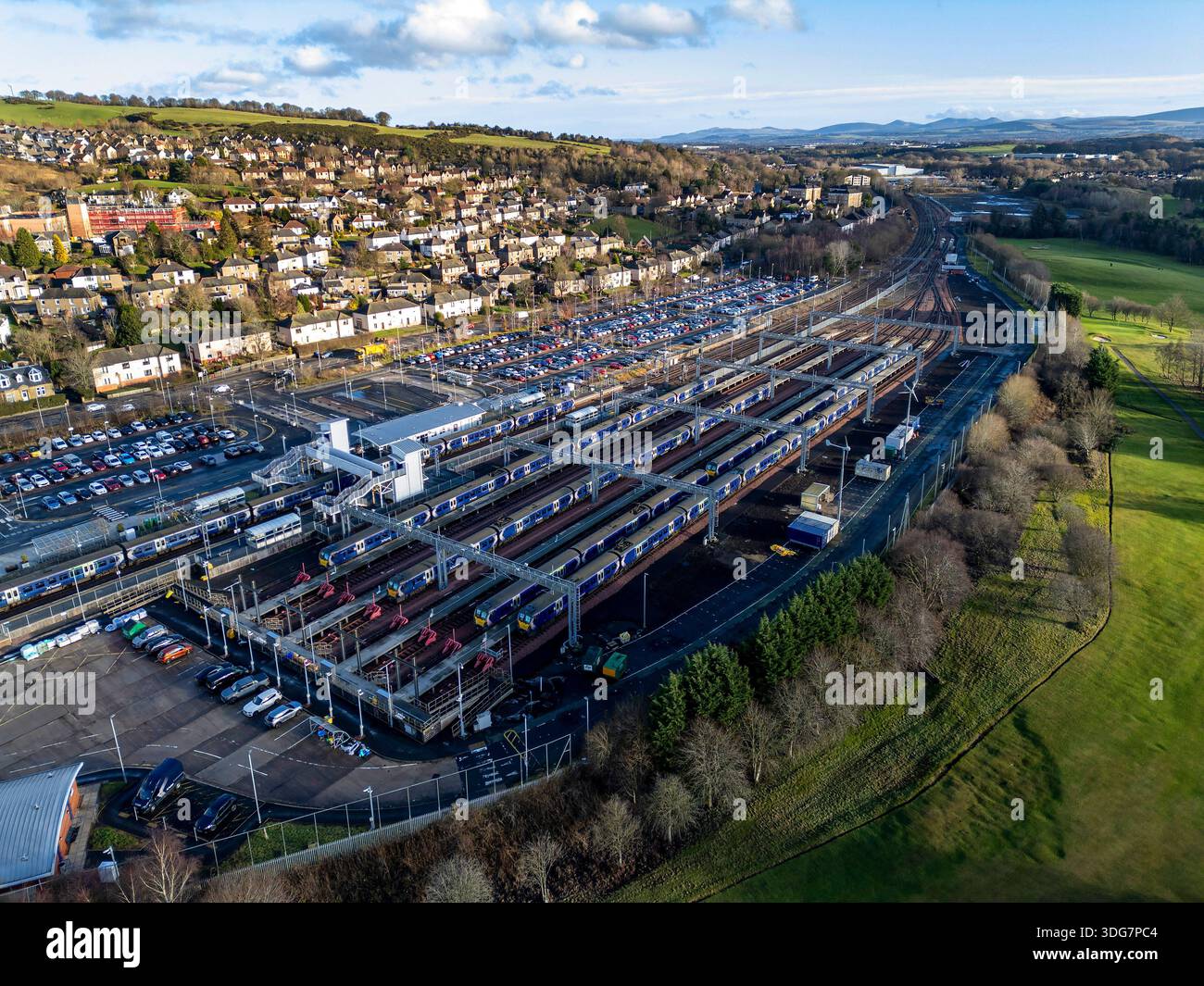 Aerial drone view of Bathgate Railway Station, Bathgate West Lothian ...