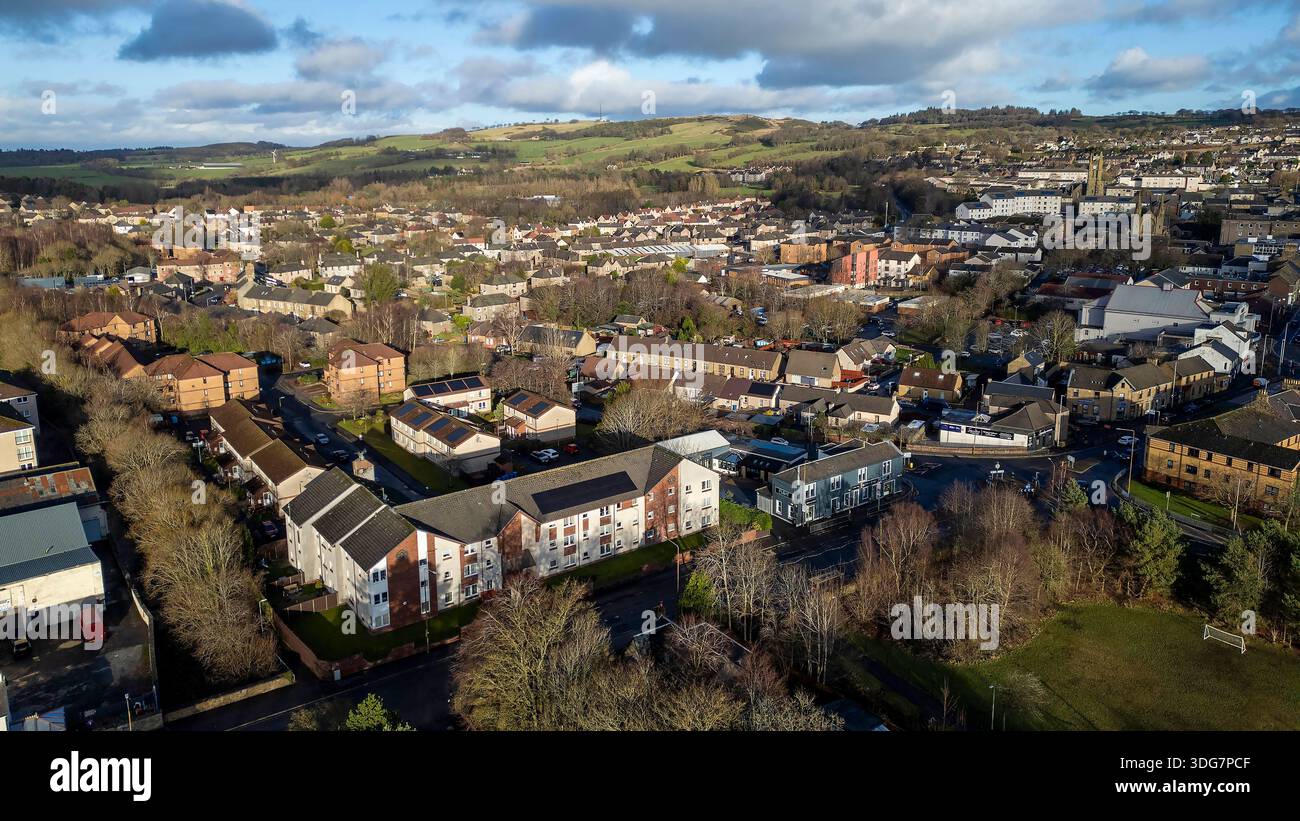 Aerial drone view of Bathgate Town Centre, Bathgate, West Lothian Stock ...