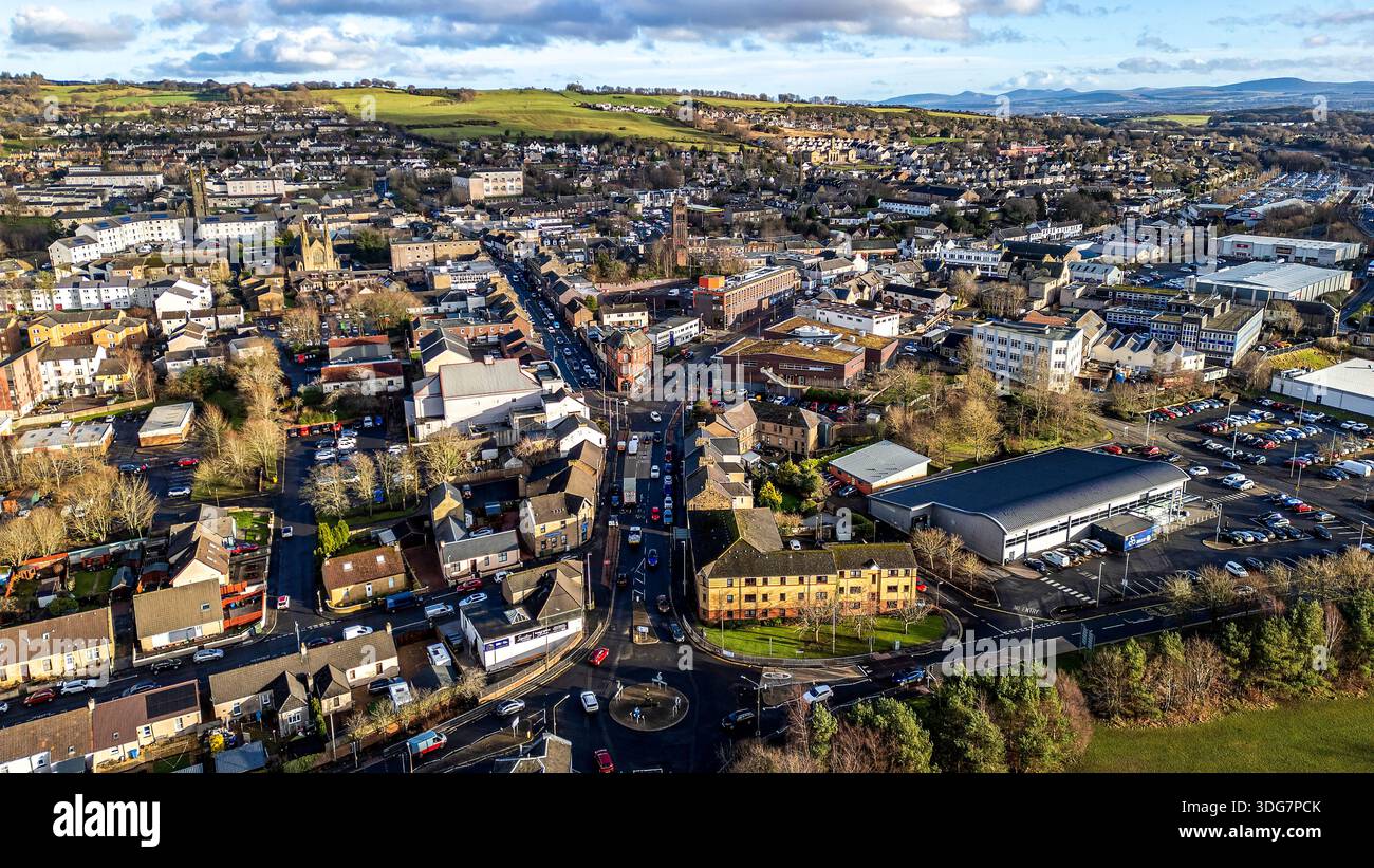 Aerial drone view of Bathgate Town Centre, Bathgate, West Lothian Stock ...