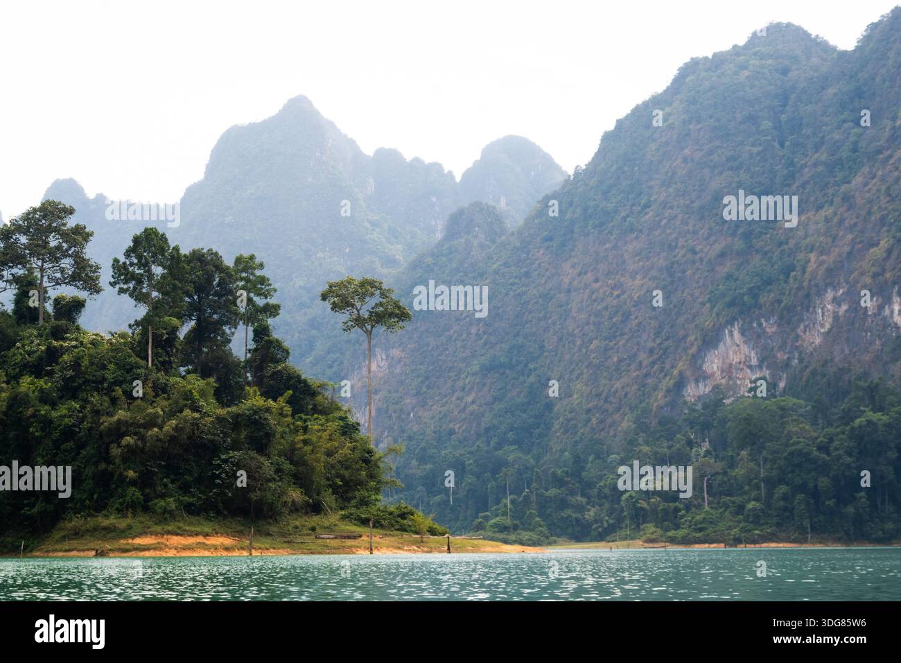Beach. Lush tropical forest and limestone mountains rising into misty ...