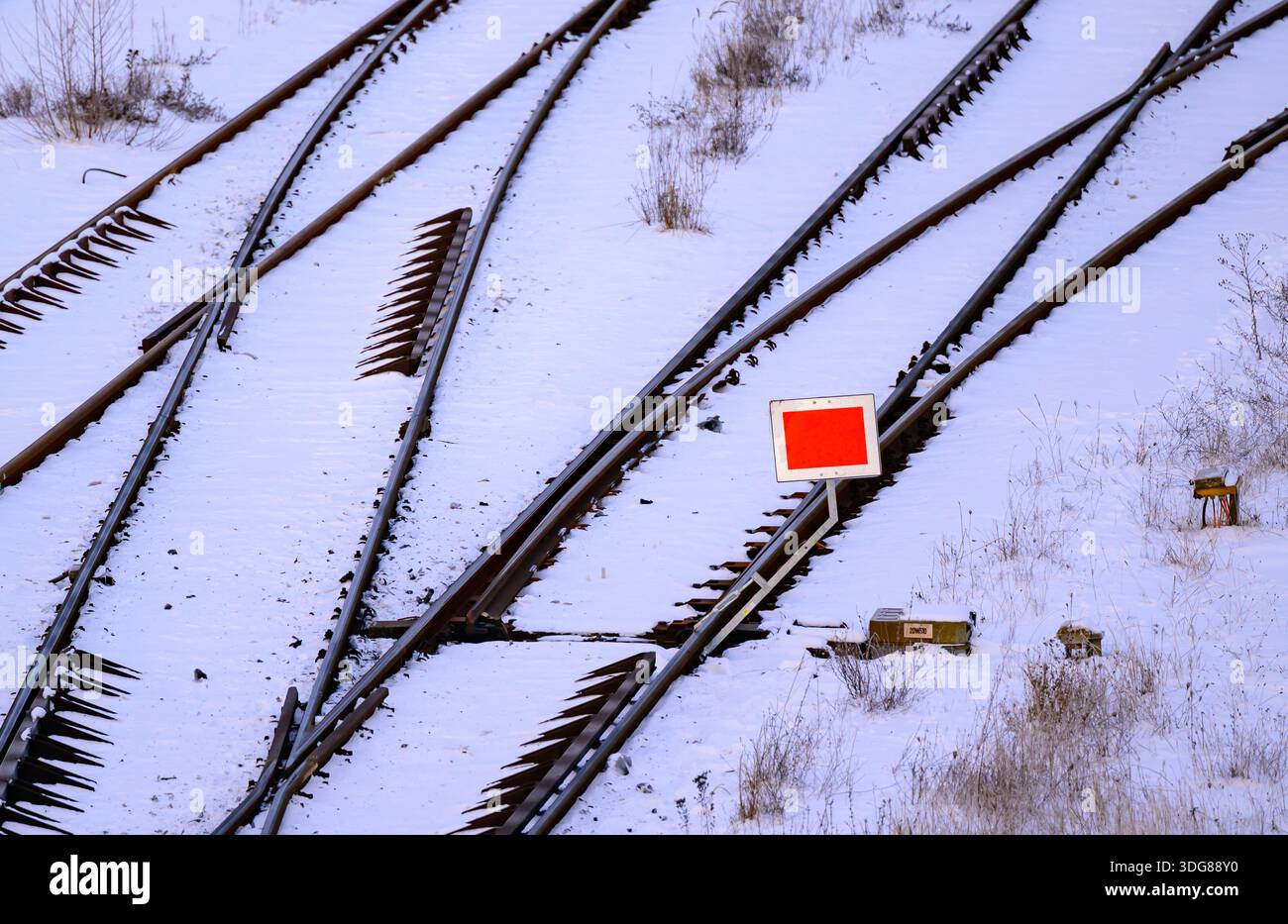 12 January 2026, Brandenburg, Cottbus: Snow-covered tracks on a ...