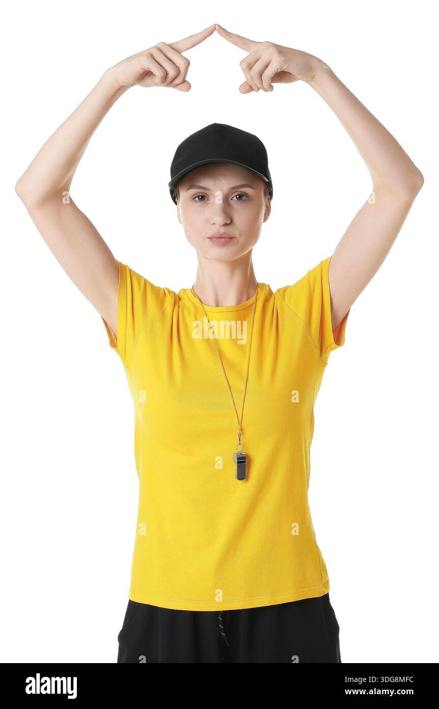 Referee showing VAR sign on white background Stock Photo - Alamy
