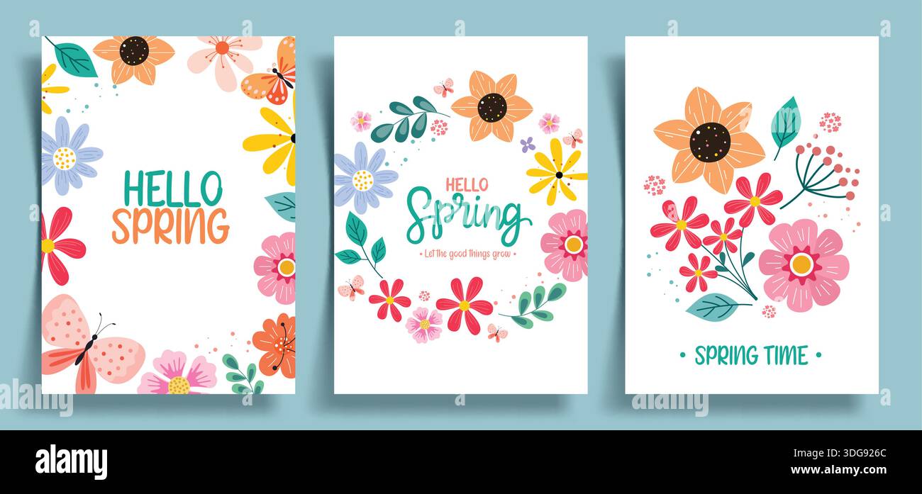 Hello Spring greeting card clipart poster set. Hello Spring background ...