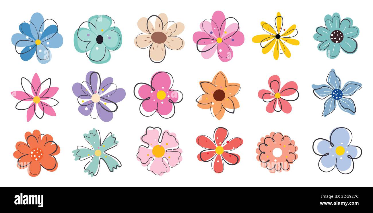 Spring Flowers outline clipart set. Colorful Flowers drawing flat icon ...