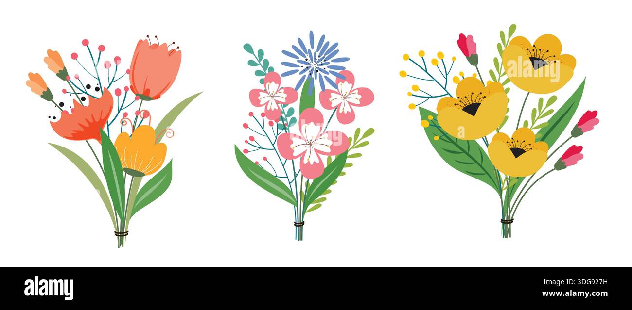 Flowers bouquet set clipart design. Colorful bunch of spring flowers ...