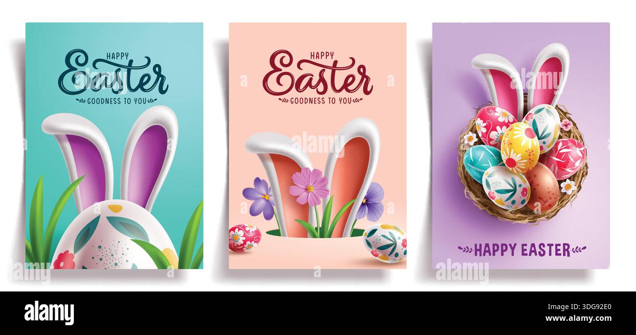 Happy Easter greeting card clipart poster set. Bunny Ears and colorful ...