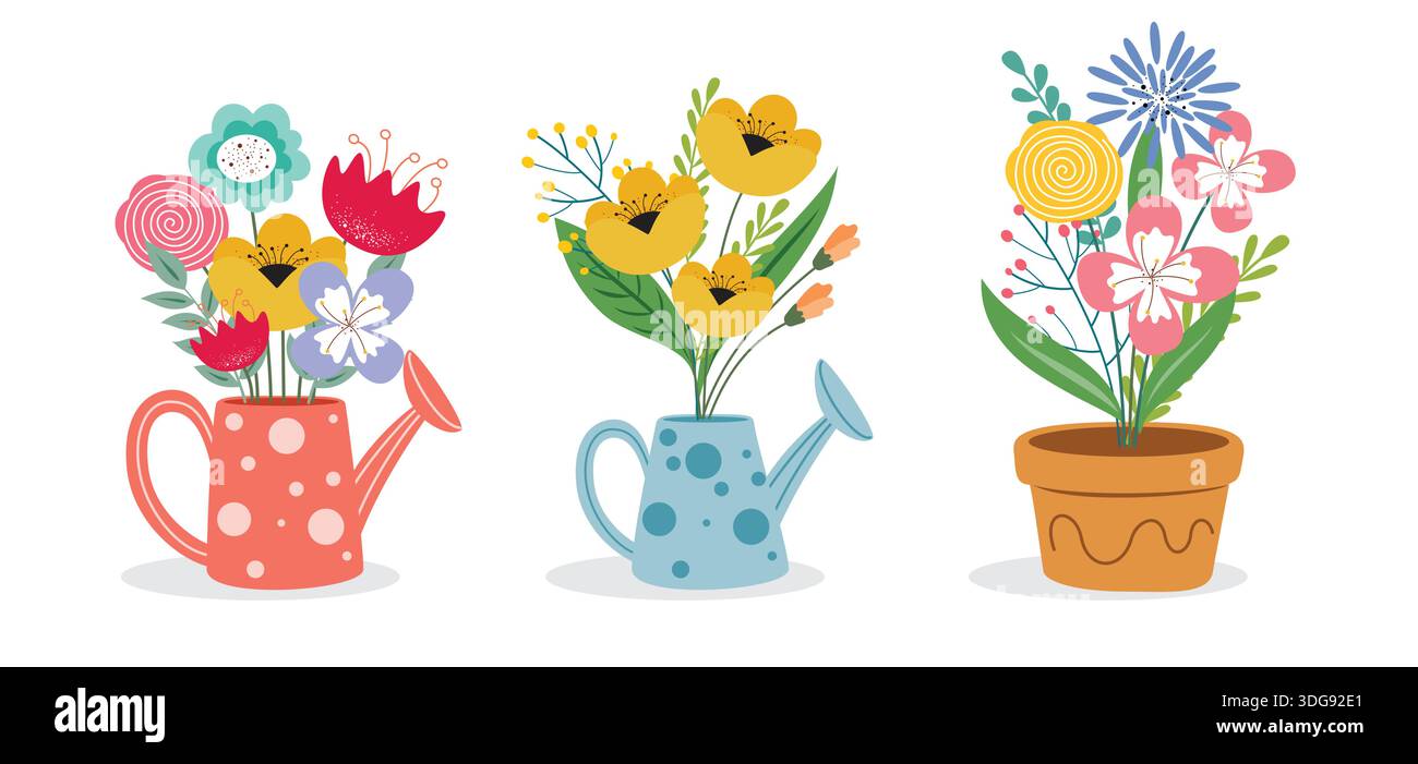 Flower bouquet watering can clipart set. Bunch of Spring Flowers in ...