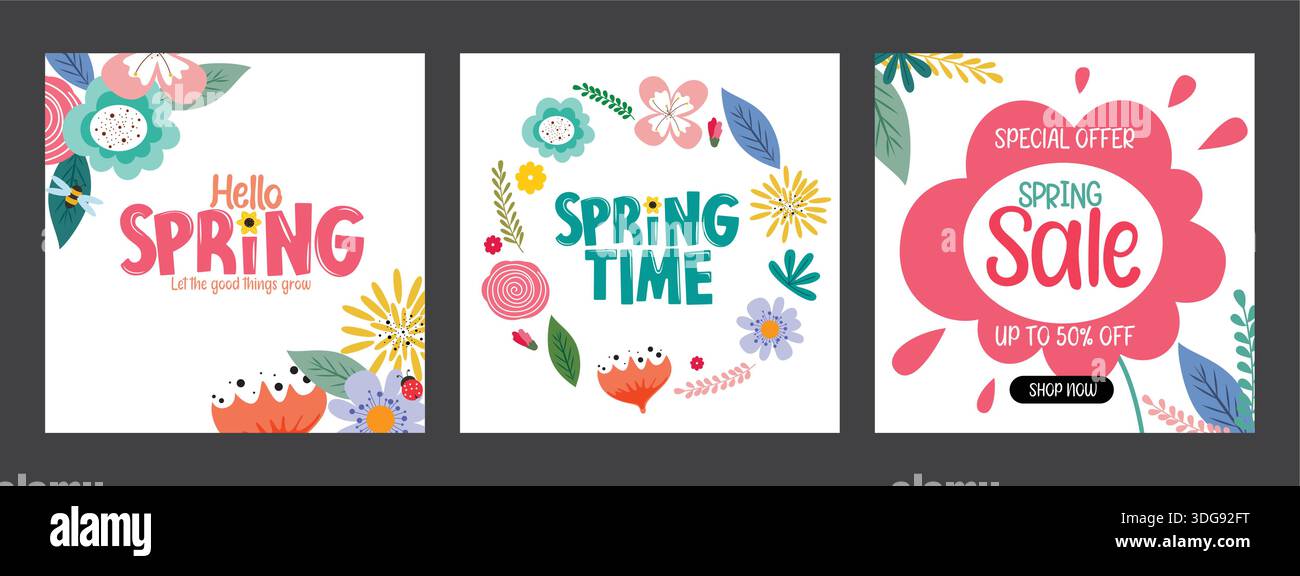Spring greeting card set poster clipart. Hello Spring and Spring time ...