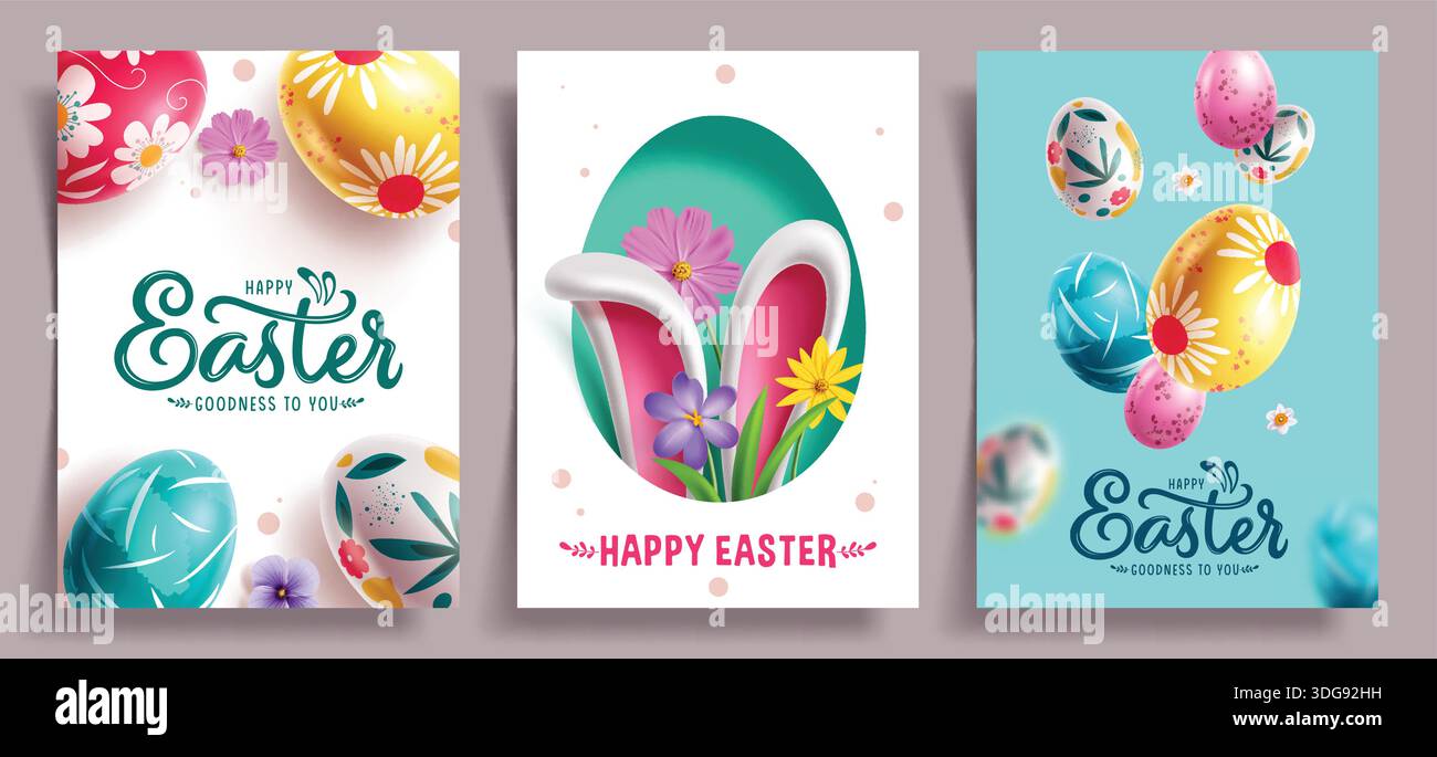Happy Easter greeting card clipart poster set. Easter egg hunting ...