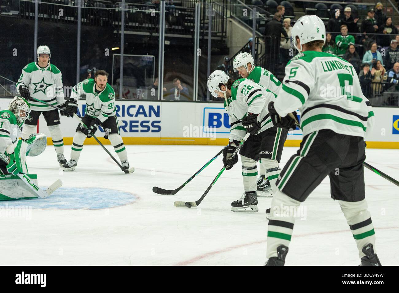 Dallas Stars run a drill on the ice during the warmups before an NHL ...