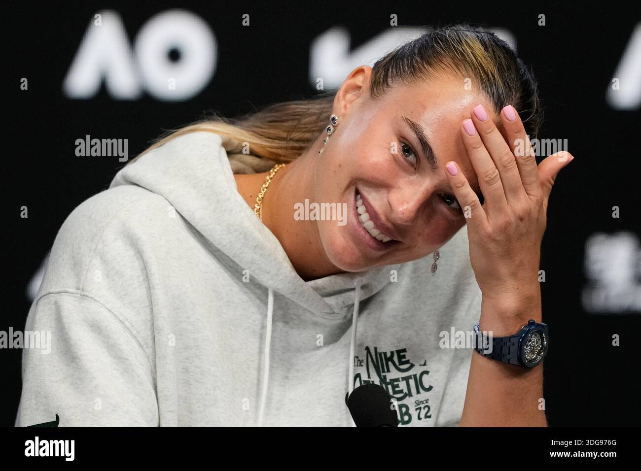 Aryna Sabalenka of Belarus reacts during a press conference ahead of ...