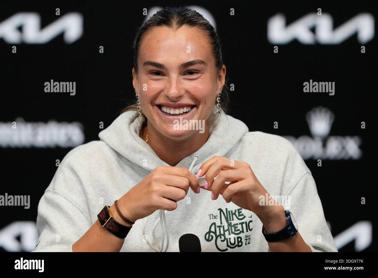 Aryna Sabalenka of Belarus reacts during a press conference ahead of ...