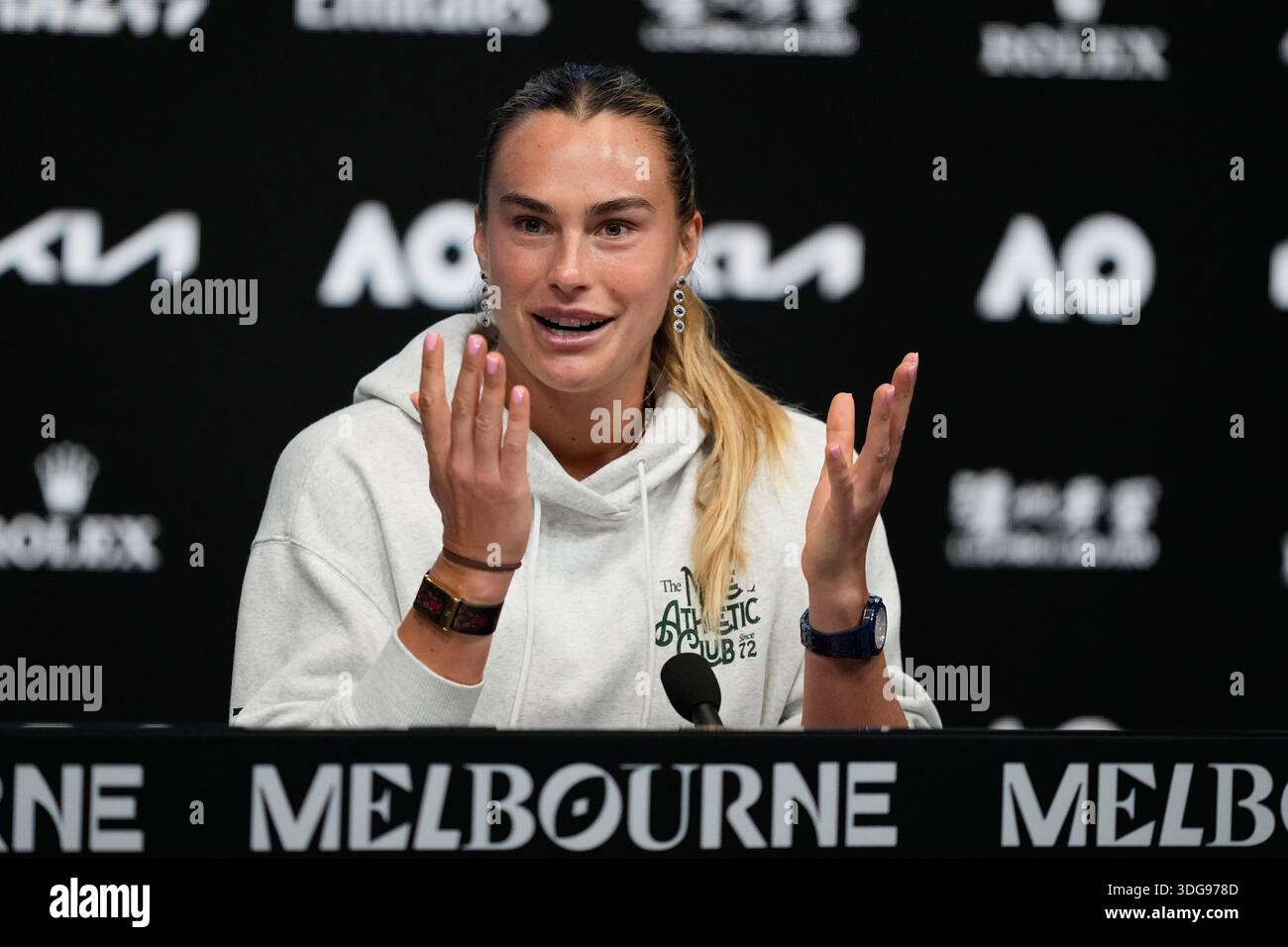 Aryna Sabalenka of Belarus reacts during a press conference ahead of ...