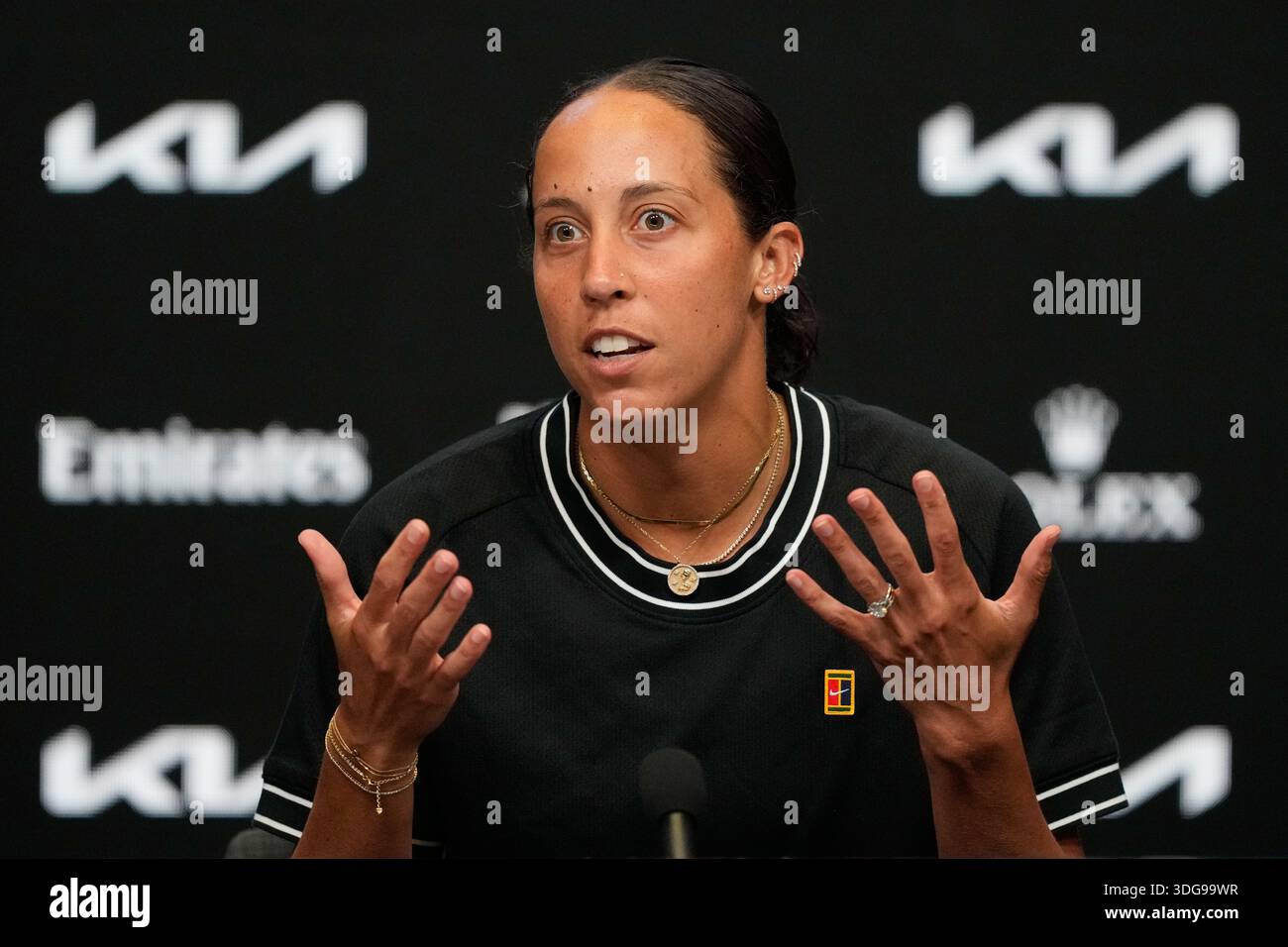 Madison Keyes of the United States reacts during press conference ahead ...