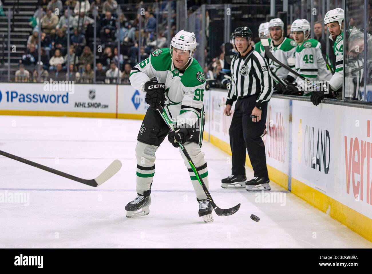 Dallas Stars right wing Mikko Rantanen moves the puck against the Utah ...
